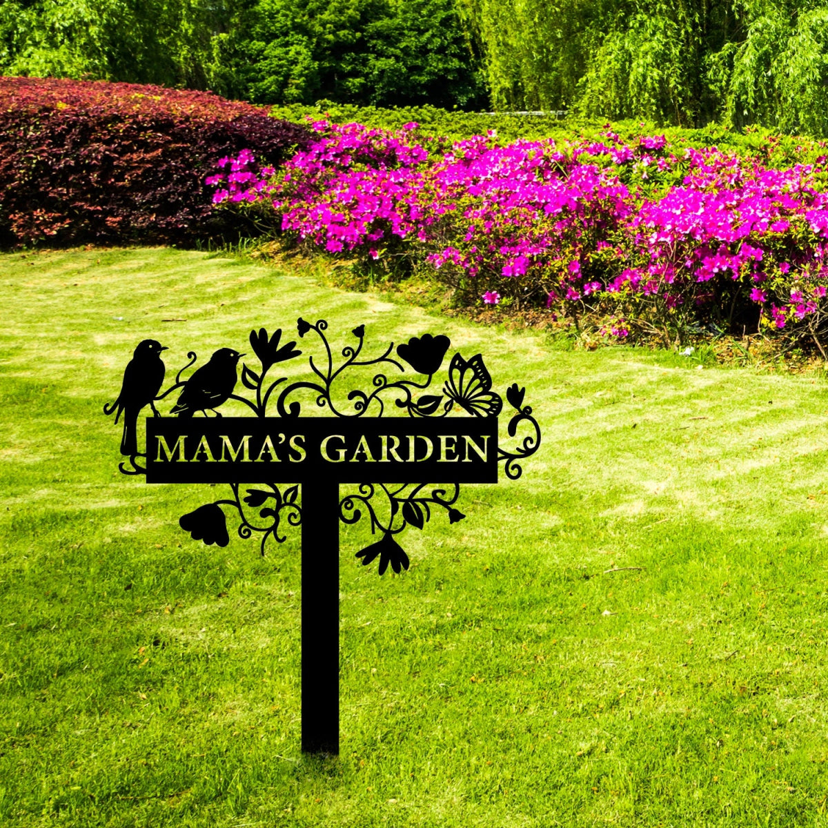Custom Metal Garden Sign Stake - Ornamental Bird and Floral Design for ...